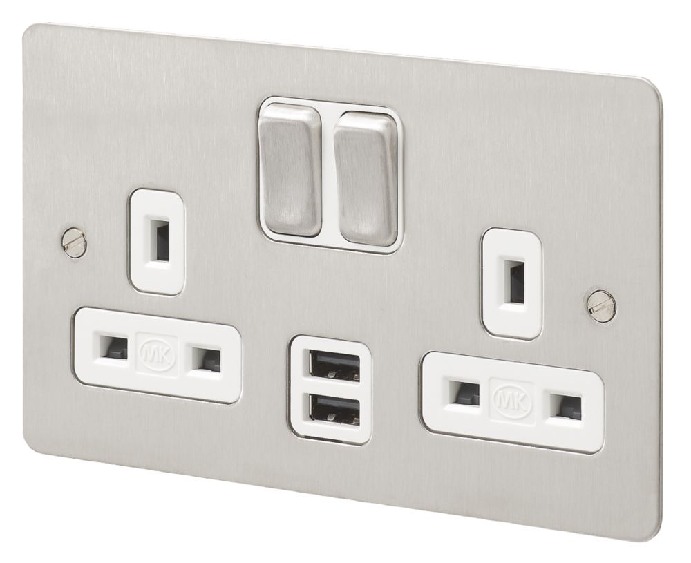 MK Edge 13A 2-Gang DP Switched Socket + 2A 2-Outlet USB Charger Brushed ...