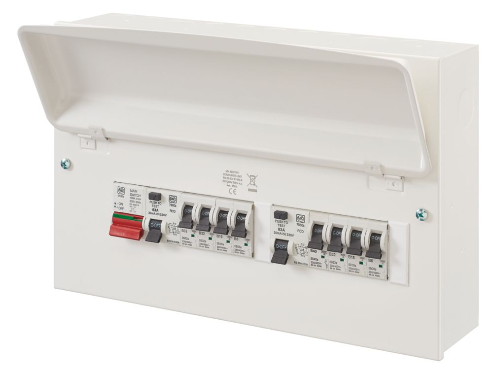 MK Sentry 16-Module 8-Way Populated Split Load Main Switch Consumer Unit