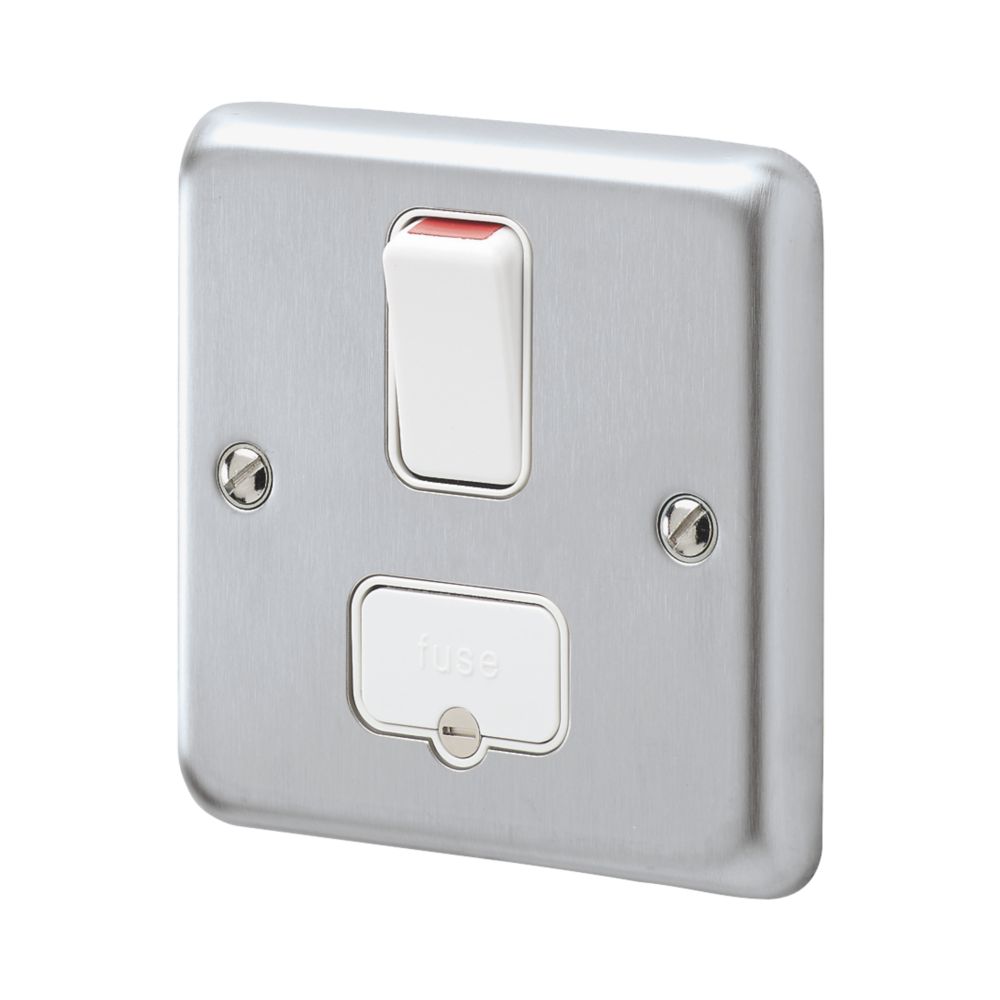 MK Albany Plus 13A Switched Fused Spur Brushed Chrome with White Inserts