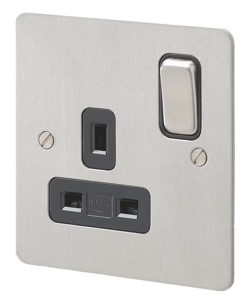 MK Edge 13A 2-Gang DP Switched Plug Socket Brushed Stainless Steel with ...