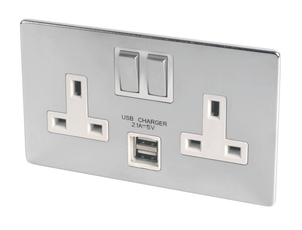 LAP 13A 2-Gang DP Switched Socket + 2.1A 2-Outlet USB Charger Brushed ...
