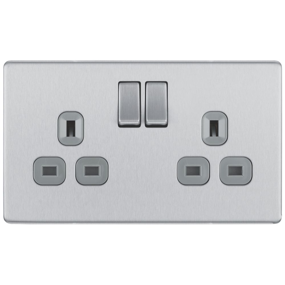 LAP 13A 2-Gang DP Switched Power Sockets Brushed Stainless Steel with ...