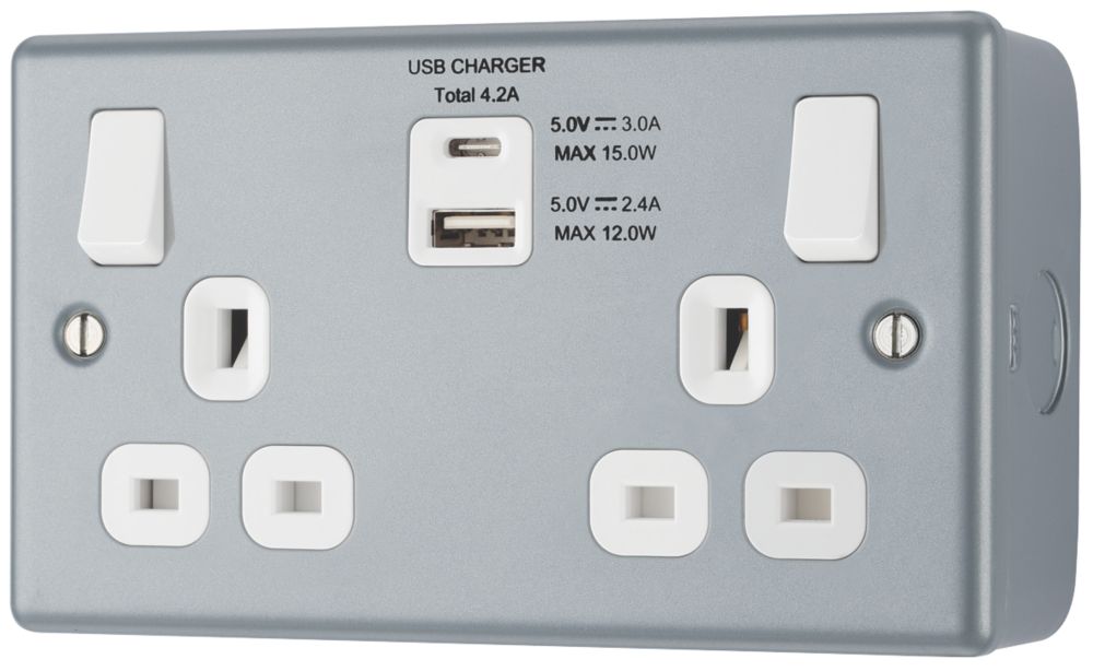 British General 13A 2-Gang SP Switched Metal Clad Socket + 4.2A 2 ...