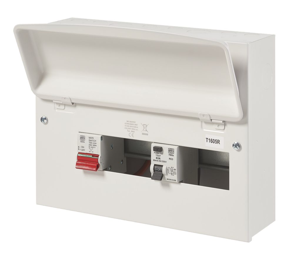 MK Sentry 16-Module 8-Way Populated Split Load Main Switch Consumer Unit