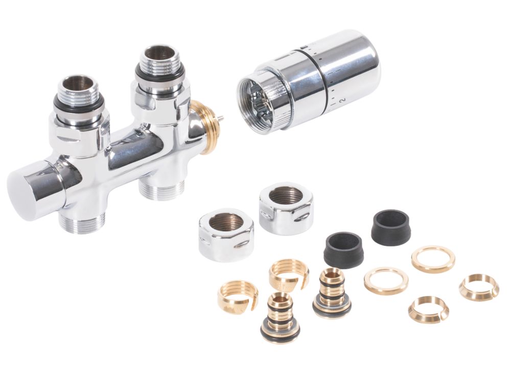 Terma Chrome Straight 50mm Thermostatic H-Block Valve & Lockshield Set ...