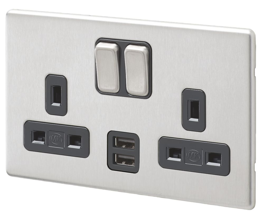MK Edge 13A 2-Gang DP Switched Socket + 2A 2-Outlet USB Charger Brushed ...