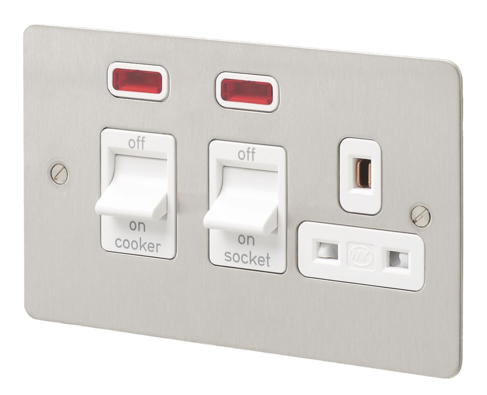 MK Edge 13A 2-Gang DP Switched Plug Socket Brushed Stainless Steel with ...